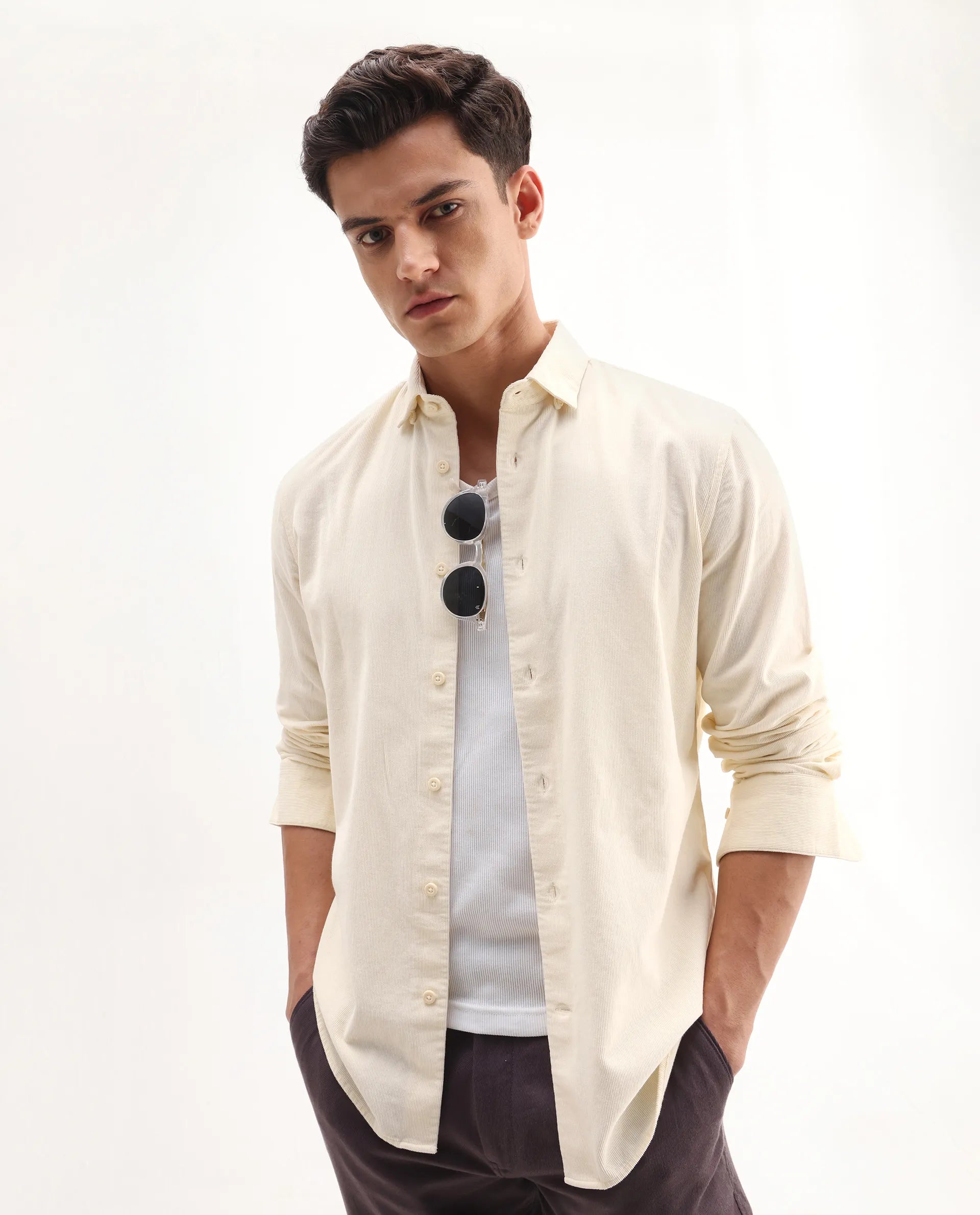 Rare Rabbit Men's Buita Off White Cotton Plain Regular Fit Full Sleeve