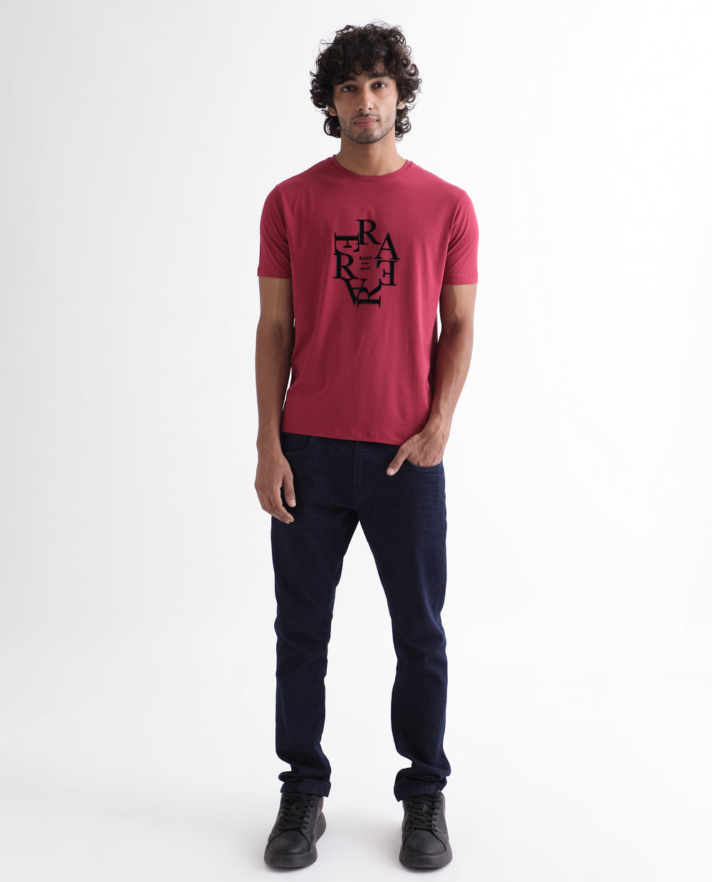 Rare Rabbit Men'S Burma Red T-Shirt Cotton Lycra Fabric Short Sleeves