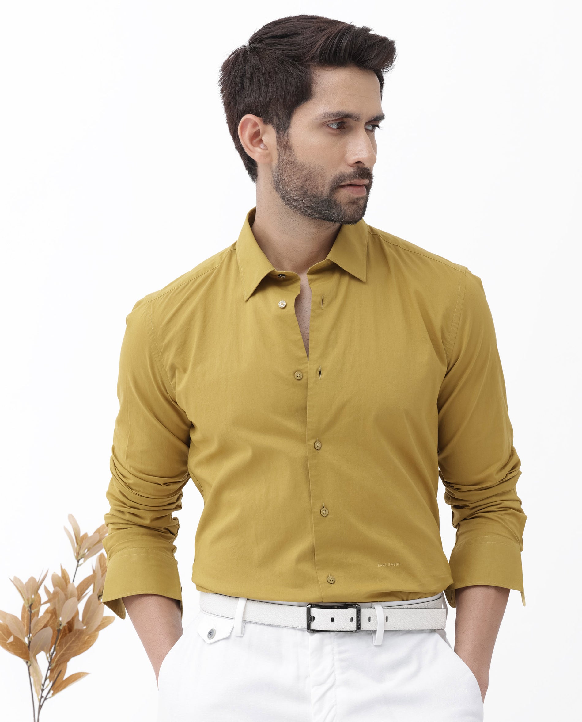 Rare Rabbit Mens Cambo Mustard Cambric Fabric Full Sleeve Solid Shirt