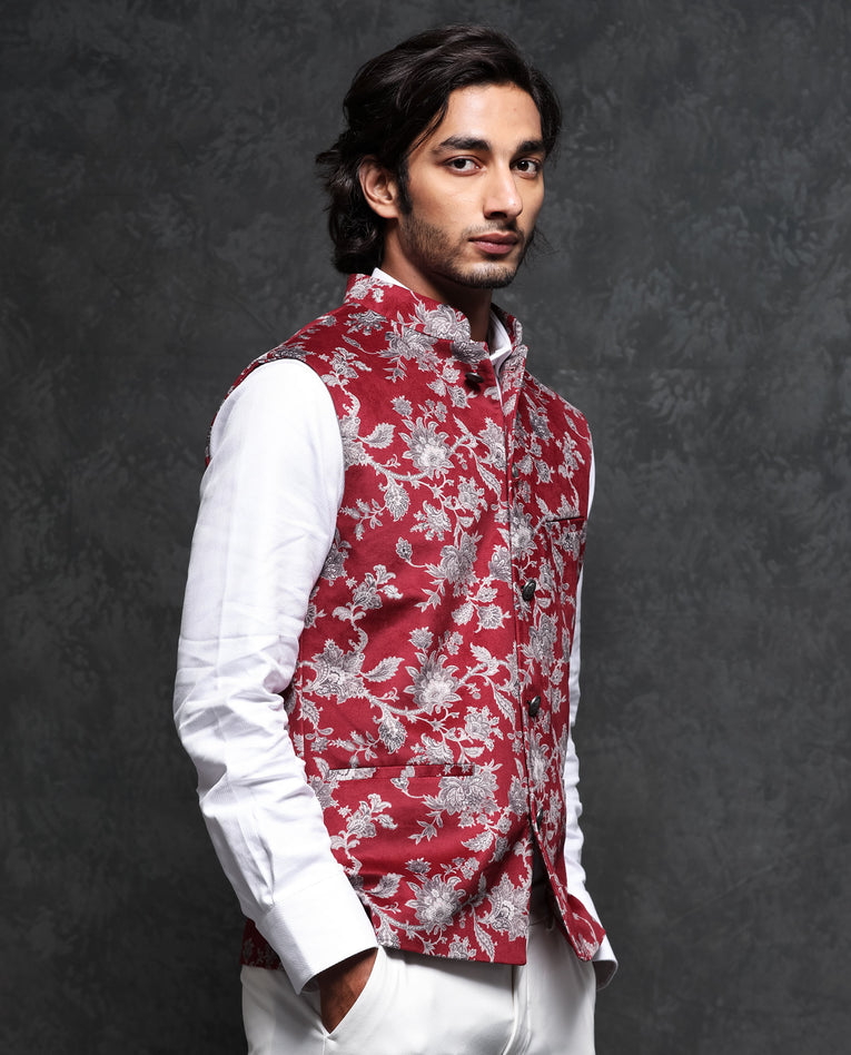 RARE RABBIT MENS CAMERO DARK RED BANDI POLYESTER FABRIC MANDARIN COLLA