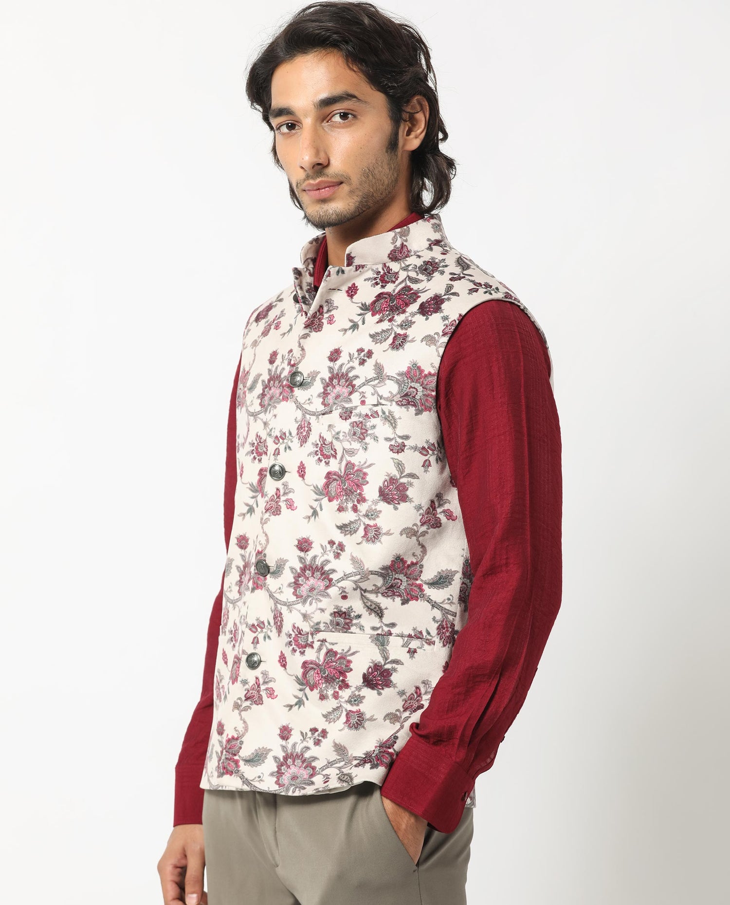 Rare Rabbit Men's Camero Light Beige Mandarin Collar Floral Printed Ve