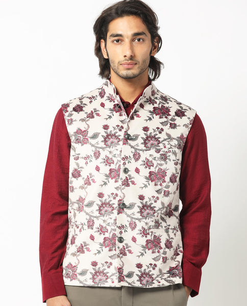 Rare Rabbit Men's Camero Light Beige Polyester Fabric Mandarin Collar