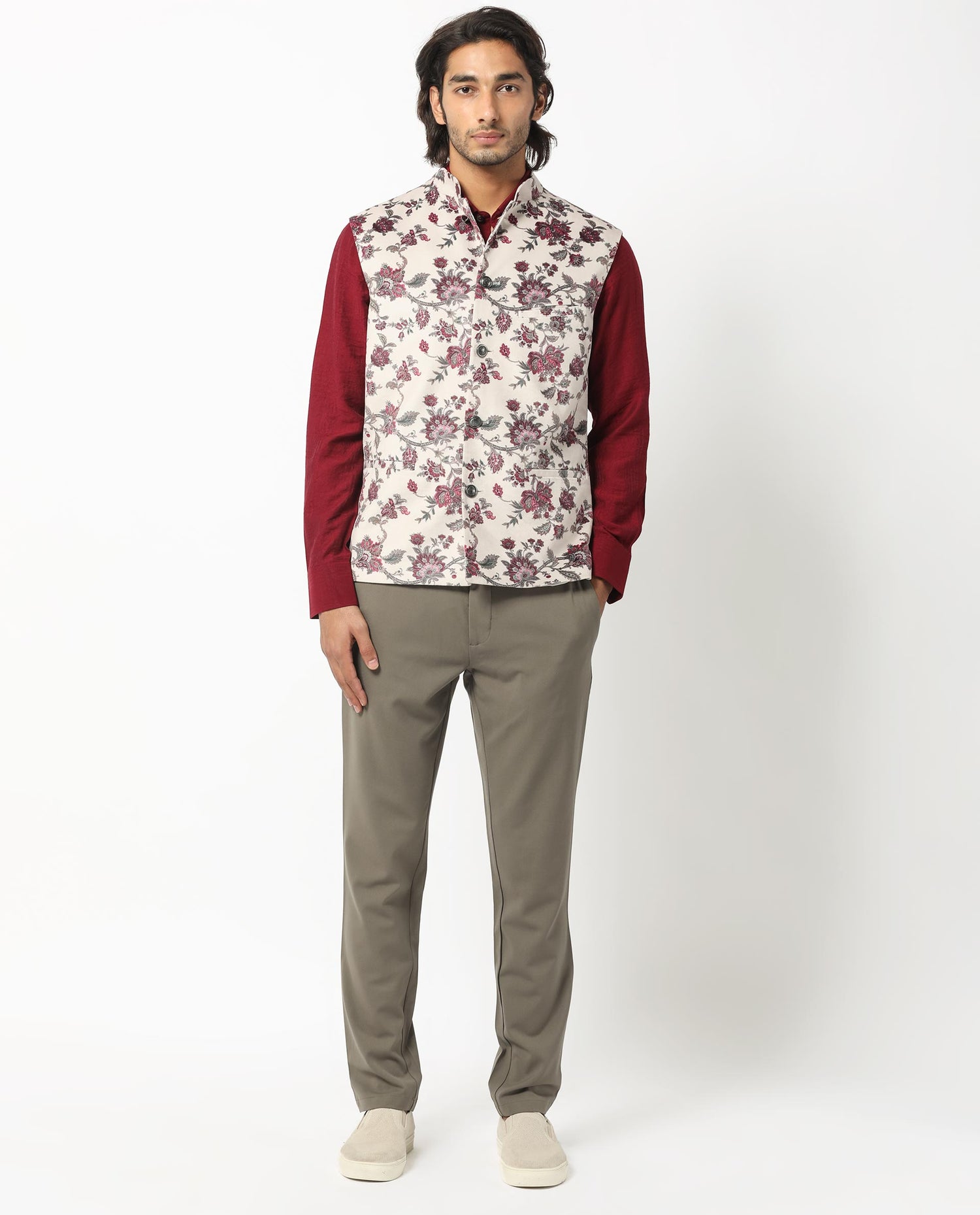 Rare Rabbit Men's Camero Light Beige Polyester Fabric Mandarin Collar