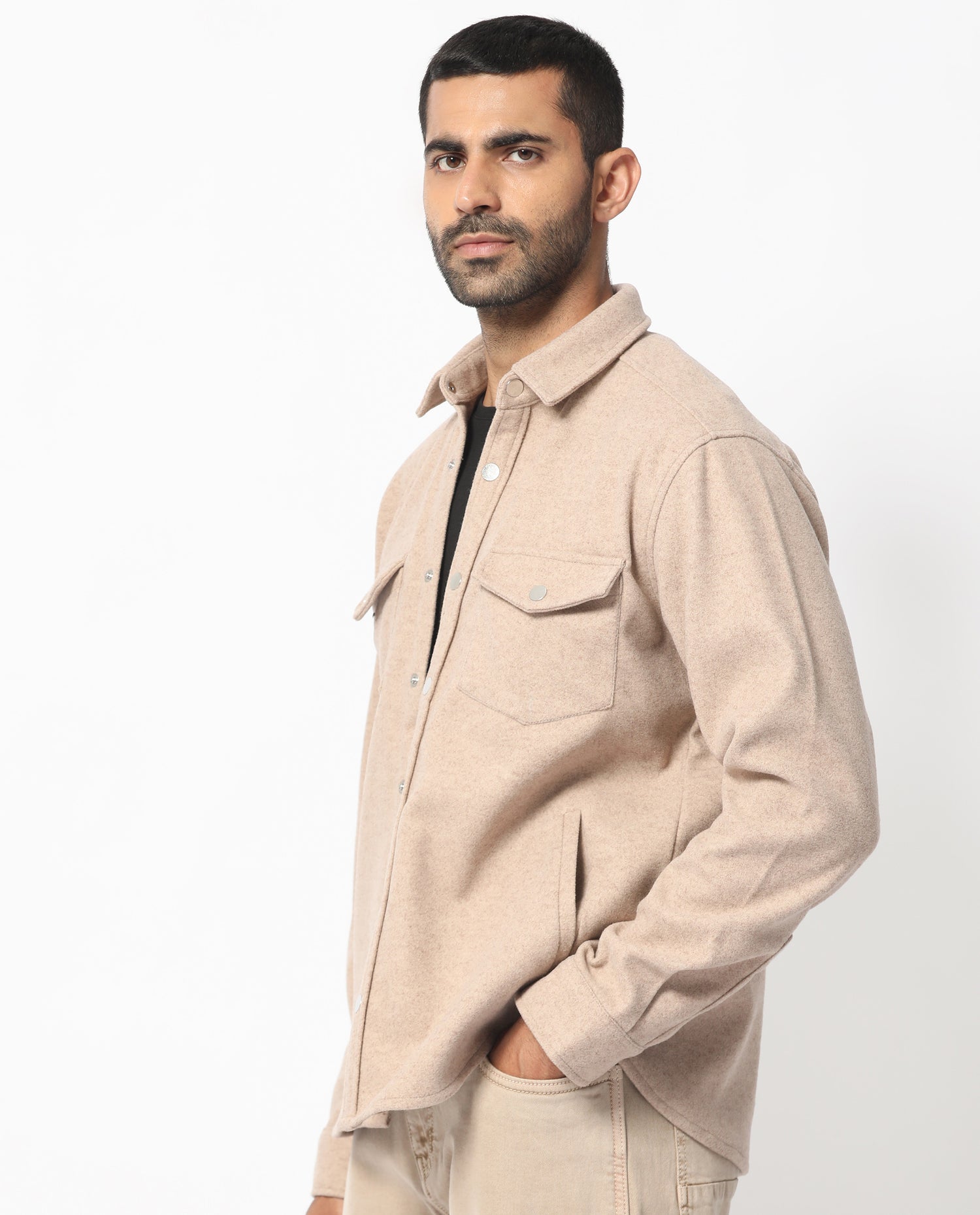 Rare Rabbit Men's Cason Light Beige Multi-Pocket Regular Collar Jacket