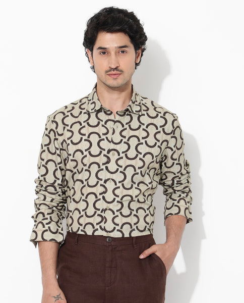 Rare Rabbit Men's Cason Beige Viscose Fabric Full Sleeve Geometric Pri