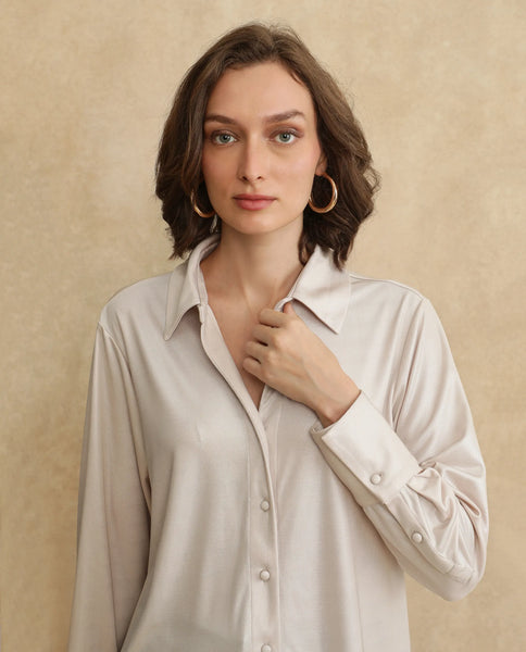 Rareism Women Cawer Metalic Gold Cuffed Sleeve Collared Neck Button Cl