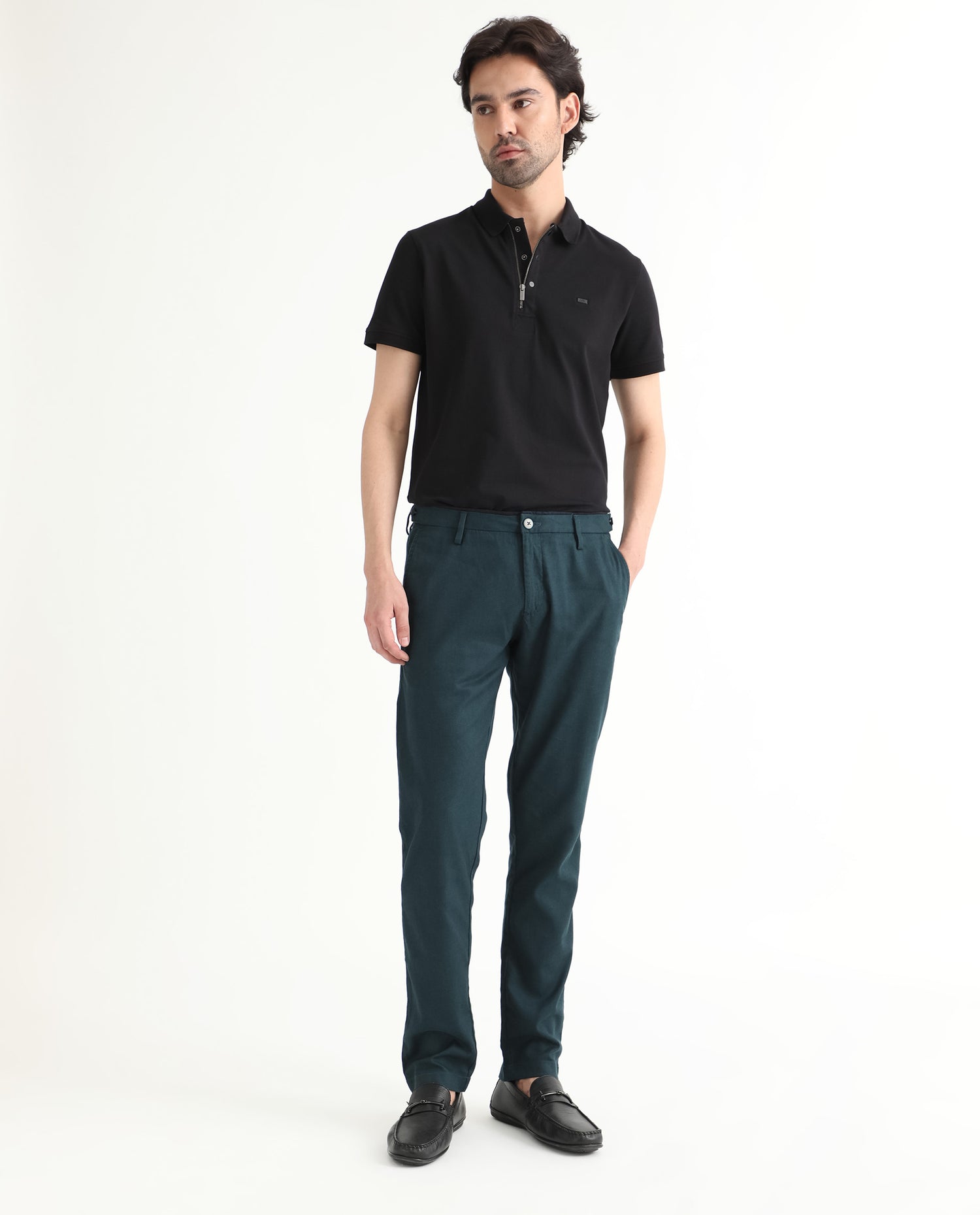 Rare Rabbit Men's Cellular Petrol Solid Mid-Rise Regular Fit Twill Tro