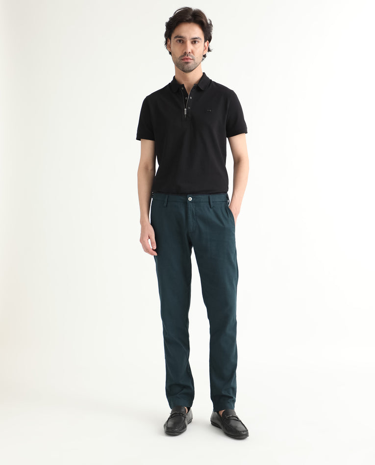 Rare Rabbit Men's Cellular Petrol Solid Mid-Rise Regular Fit Twill Tro