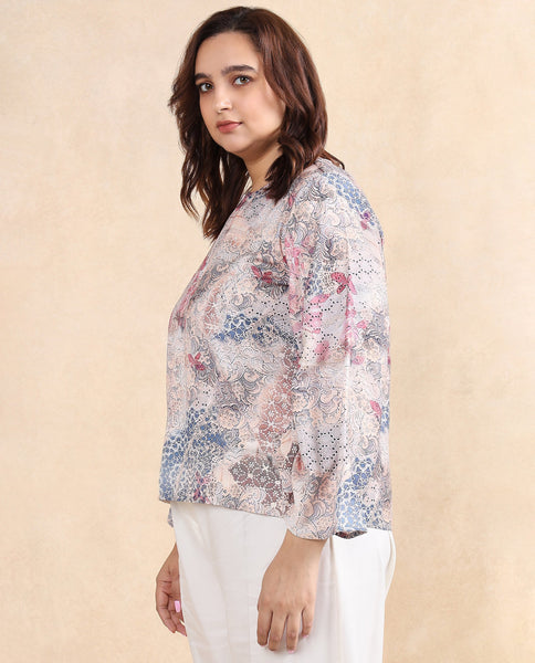 Rareism Women Ciko Light Multi Satin Volume Sleeve Round Neck Zipper C