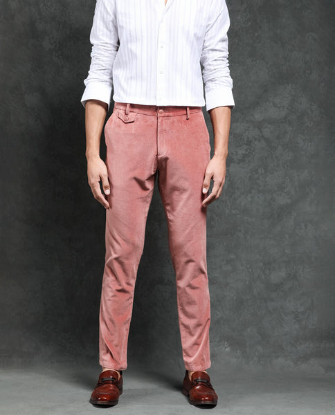Rare Rabbit Men's Cloy Pink Solid Mid-Rise Regular Fit Velvet Trousers