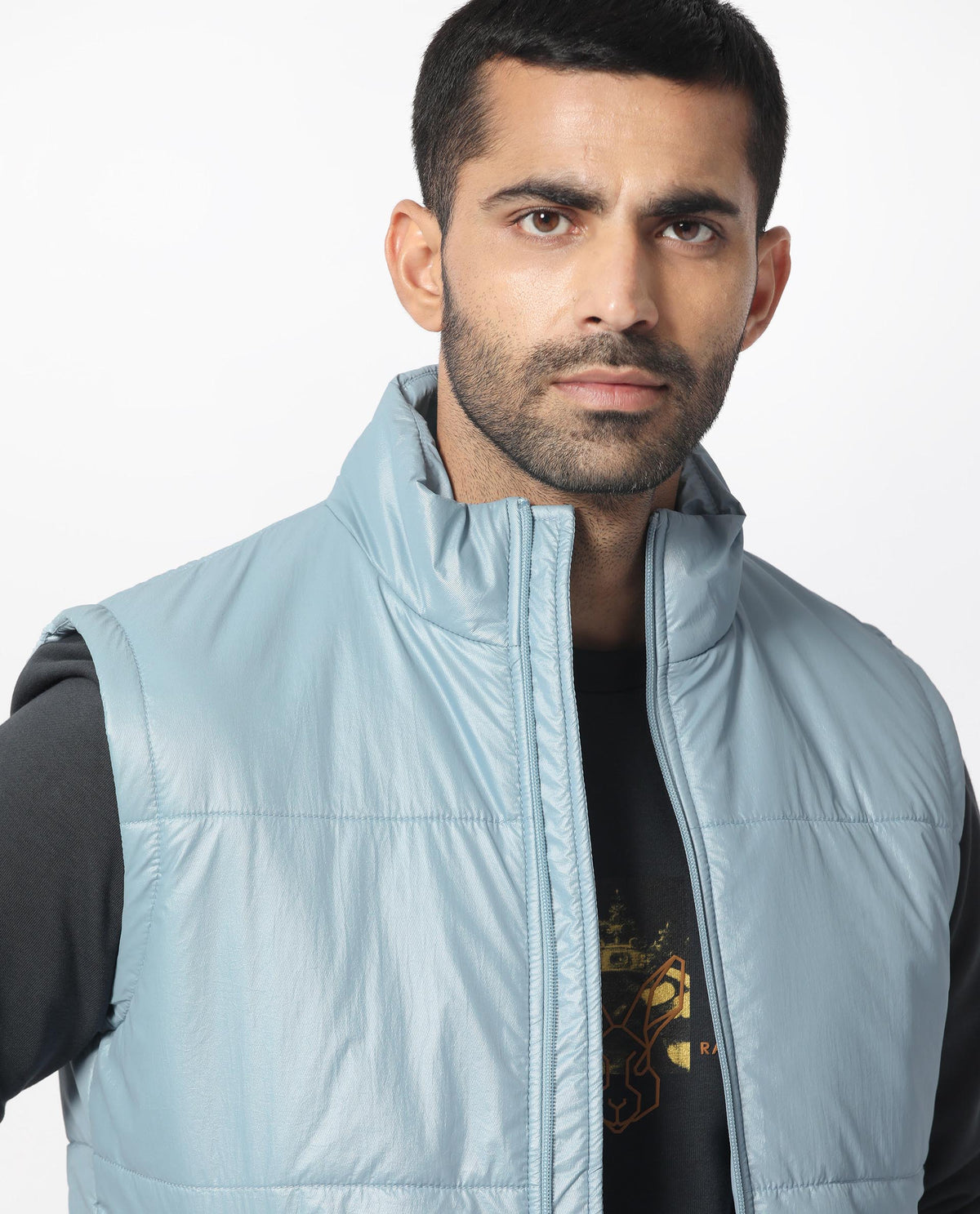 Rare Rabbit Men's Colson Light Blue Quilted High Neck Sleeveless Puffe