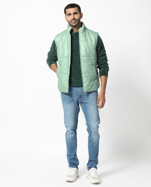 Rare Rabbit Men's Colson Light Green Quilted High Neck Sleeveless Puff