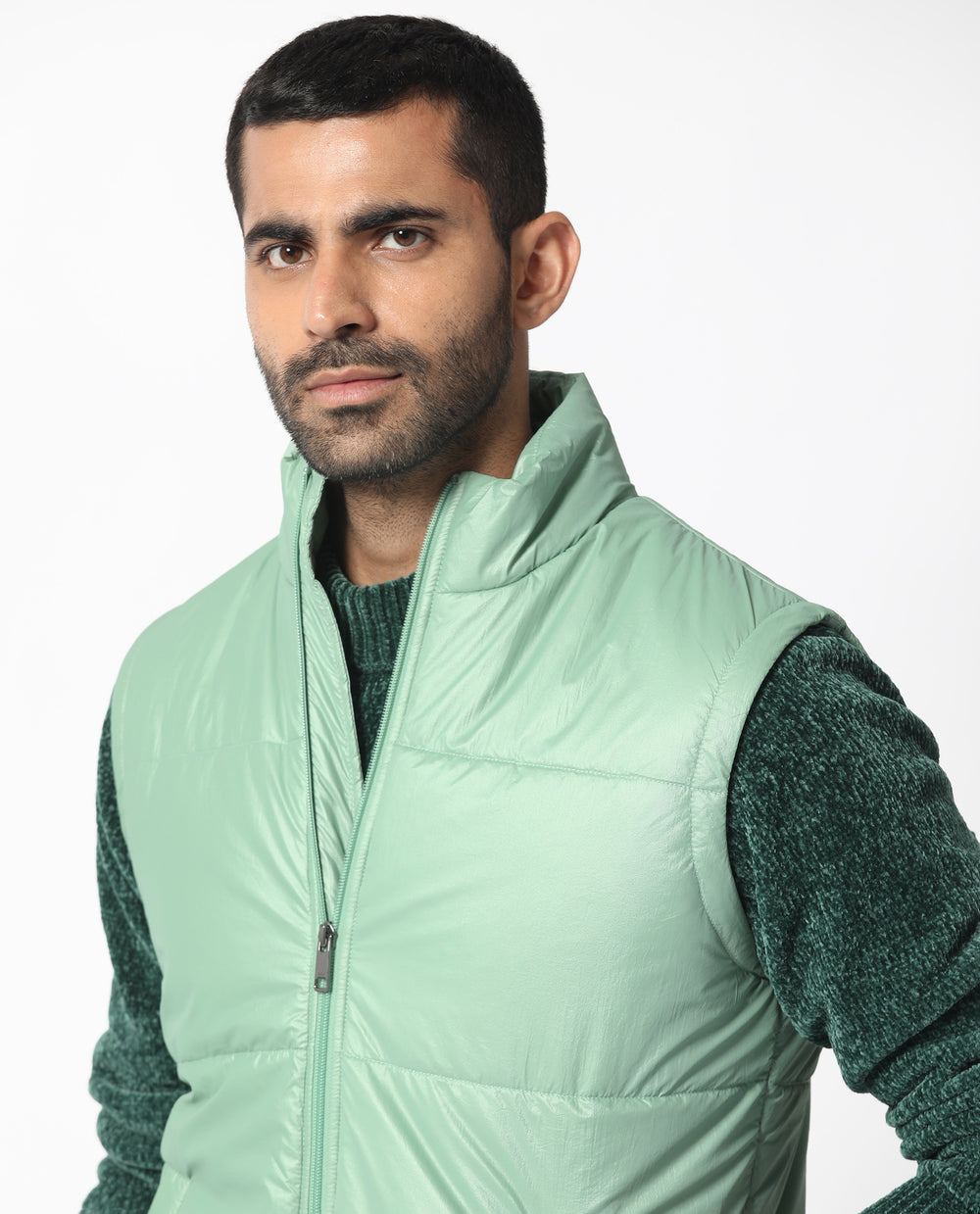 Rare Rabbit Men's Colson Light Green Quilted High Neck Sleeveless Puff