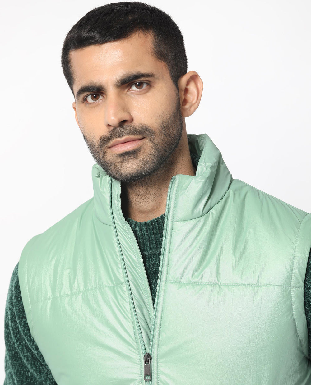 Rare Rabbit Men's Colson Light Green Quilted High Neck Sleeveless Puff