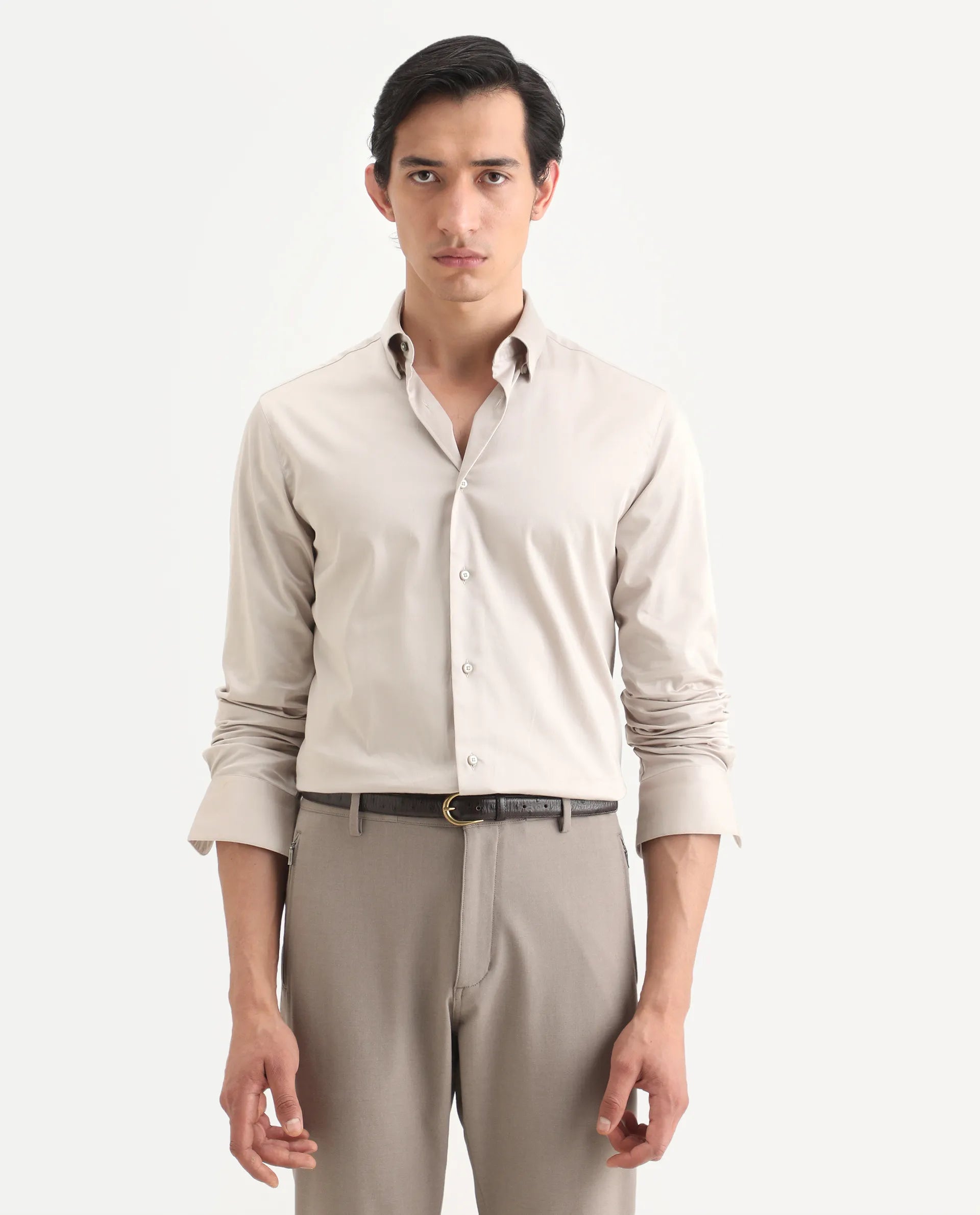 Rare Rabbit Men's Como-27 Dusky Beige Cotton Blend Fabric Full Sleeve