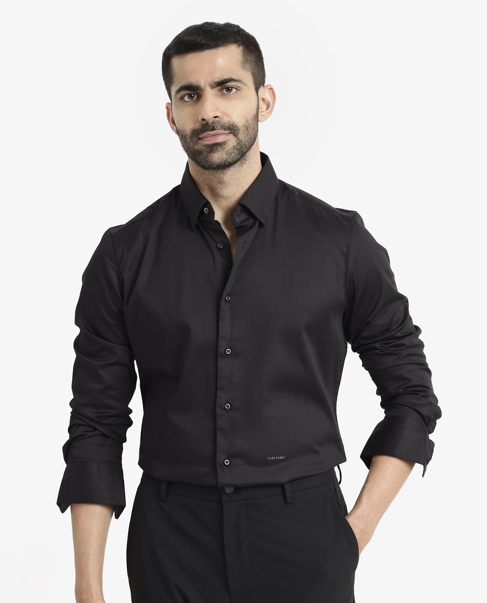 Rare Rabbit Men's Como Black Satin Fabric Button Down Collar Full Slee