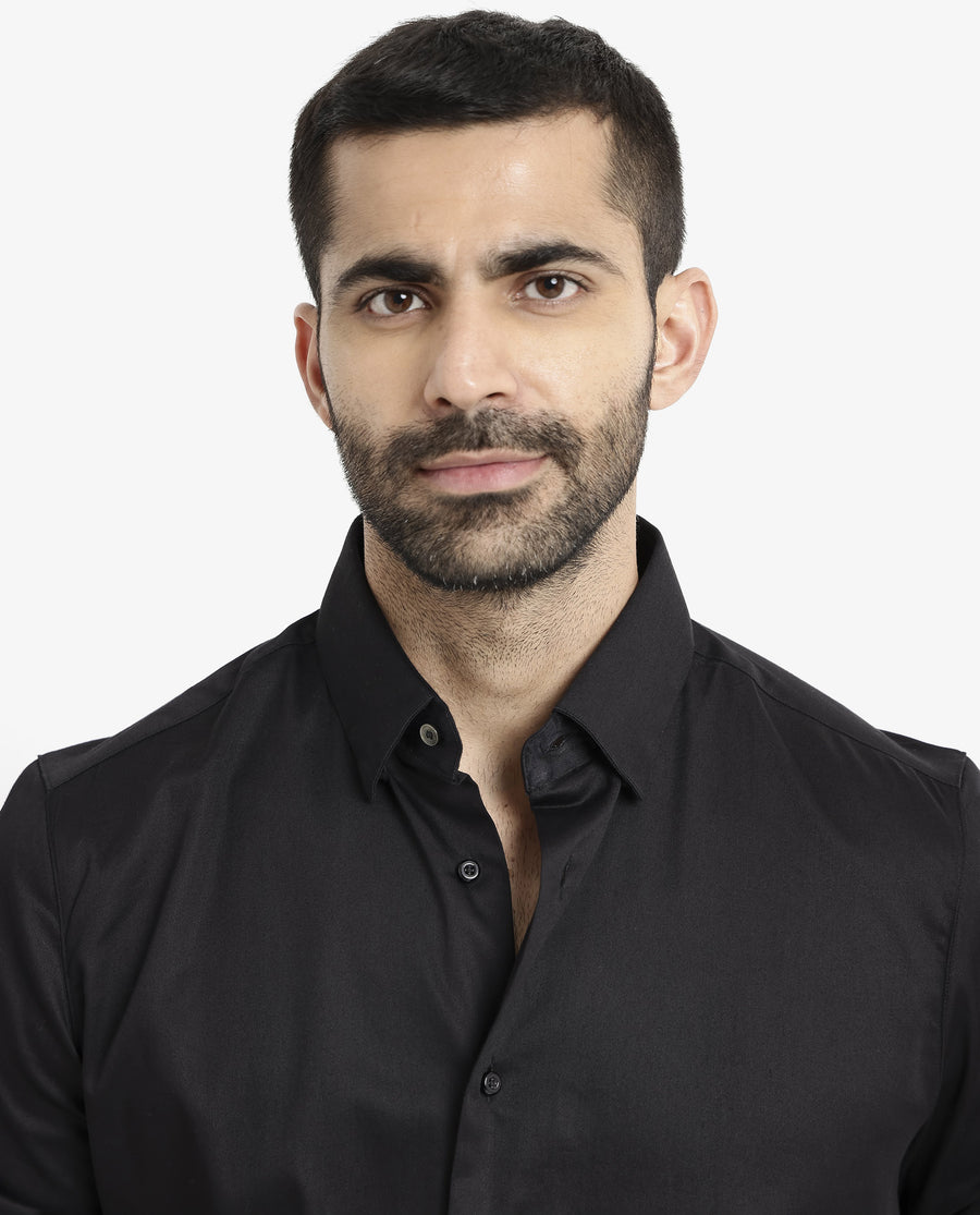 Rare Rabbit Men's Como Black Satin Fabric Button Down Collar Full Slee