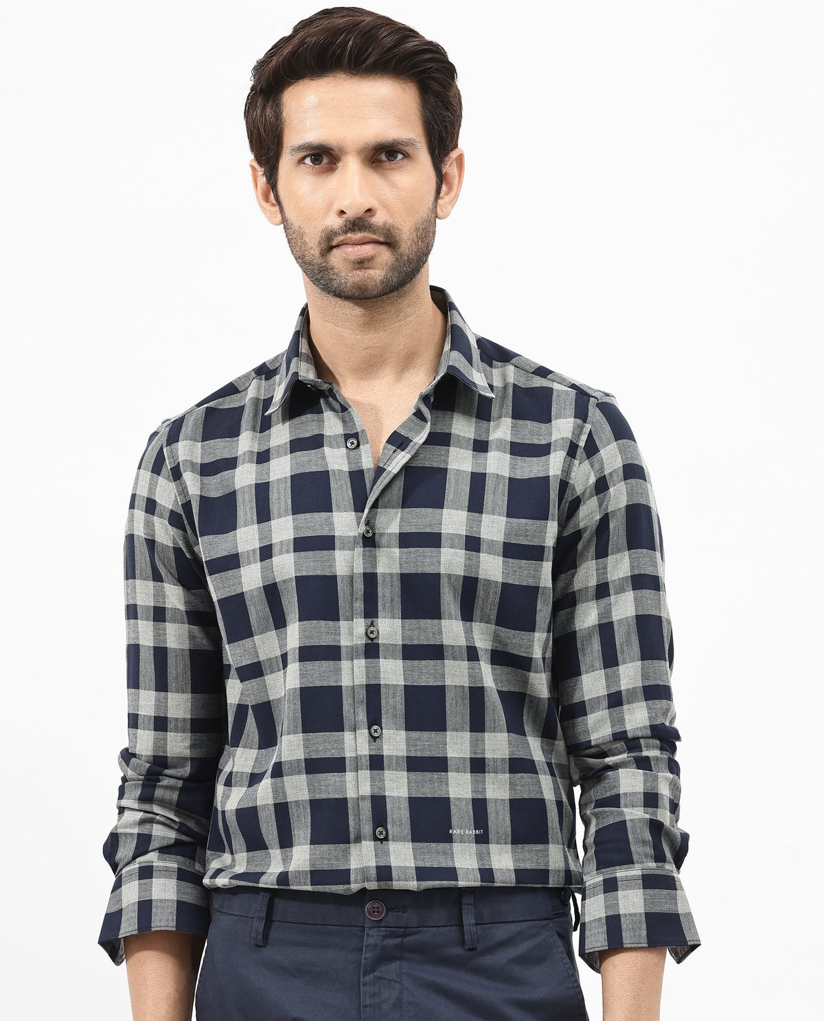 Rare Rabbit Mens Costy Navy Cotton Fabric Full Sleeve Regular Fit Chec