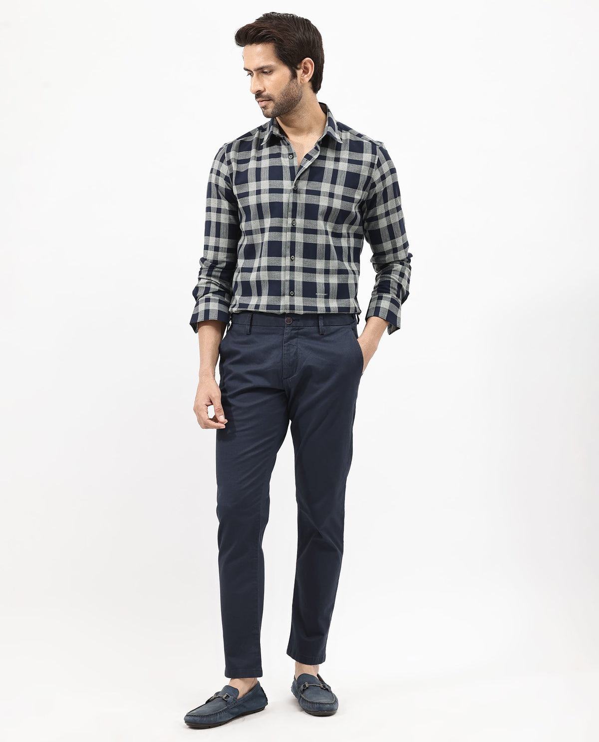 Rare Rabbit Mens Costy Navy Cotton Fabric Full Sleeve Regular Fit Chec