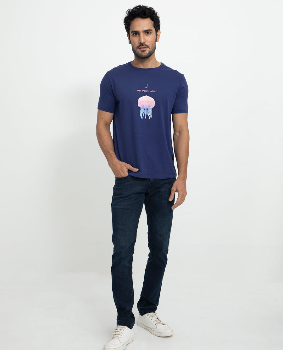 Rare Rabbit Men's Cubana Blue Crew Neck Discharge Print Half Sleeves S