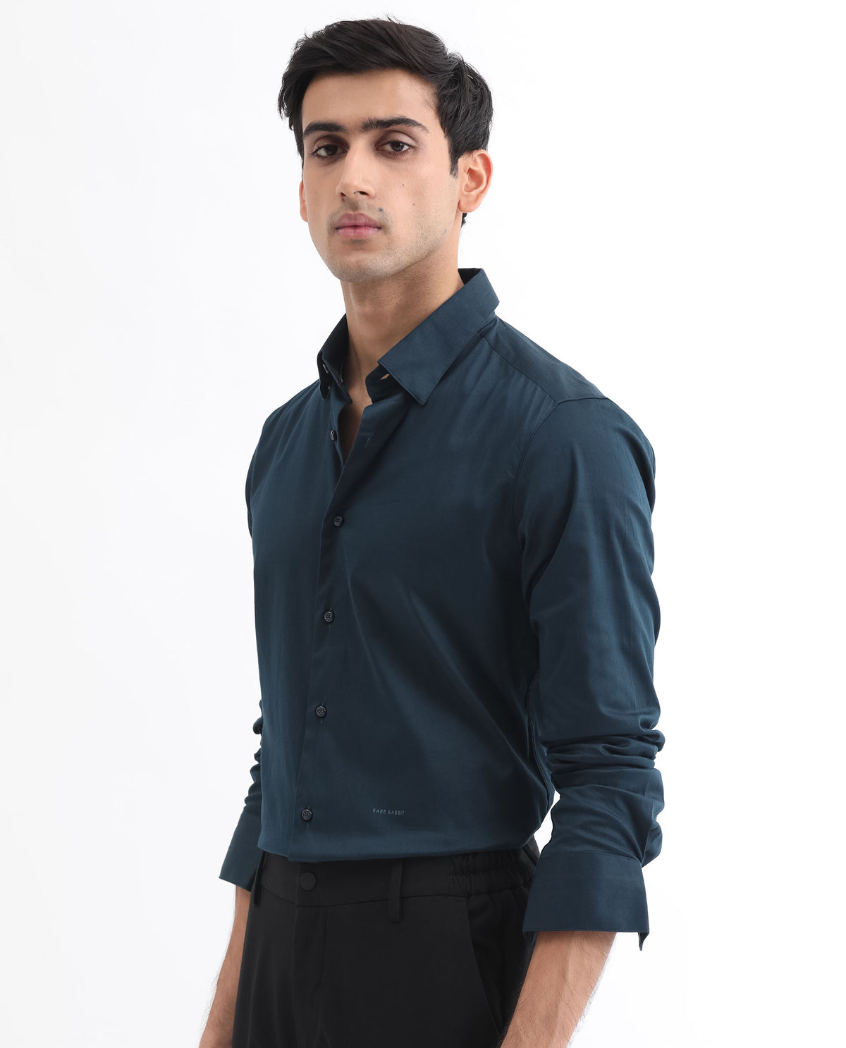 Rare Rabbit Men's Como Light Petrol Satin Fabric Full Sleeves Solid Sh