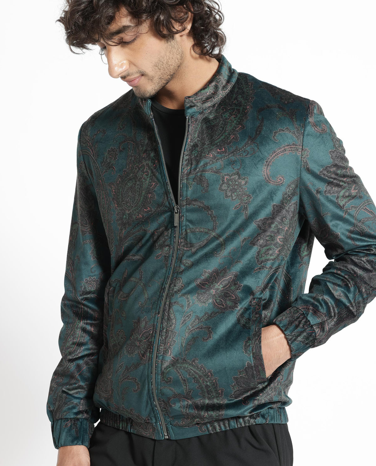 Rare Rabbit Men's Dalia Dark Teal Paisley Printed Velvet Smart Jacket
