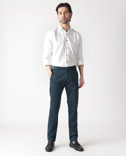 Rare Rabbit Men's Daron Petrol Cotton Plain Regular Fit Trouser