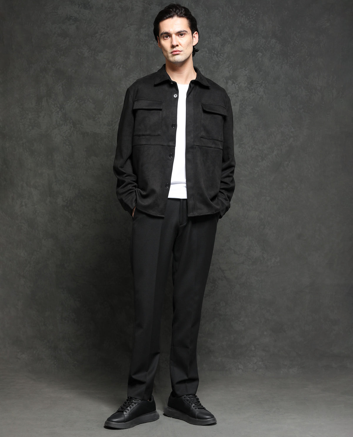 Rare Rabbit Men's Delk Black Solid Suede Shacket