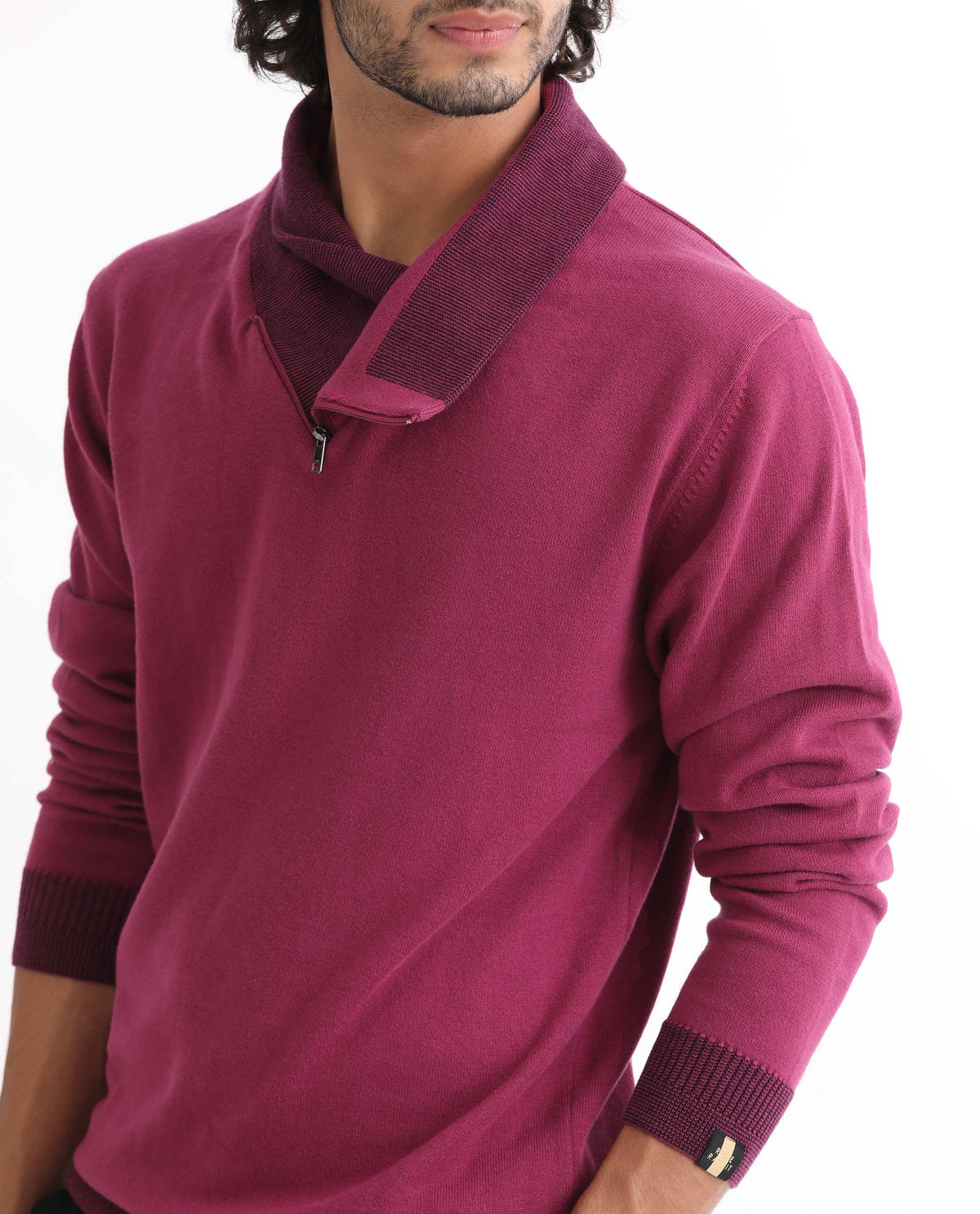 Rare Rabbit Mens Denver Pink Cotton Fabric Shawl Neck Full Sleeves Zip