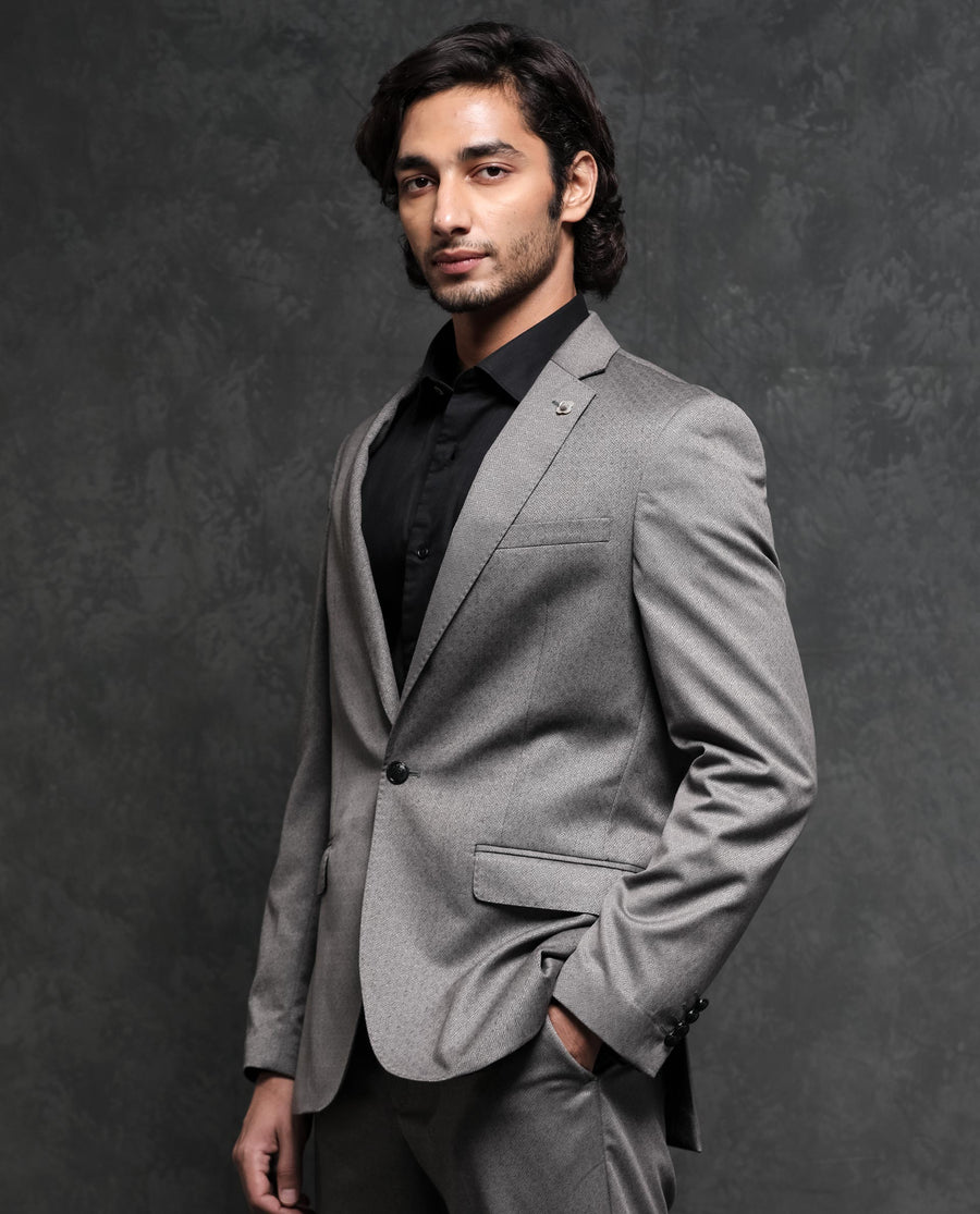 Rare Rabbit Men's Dexter Grey Polyester Viscose Fabric Notch Lapel But