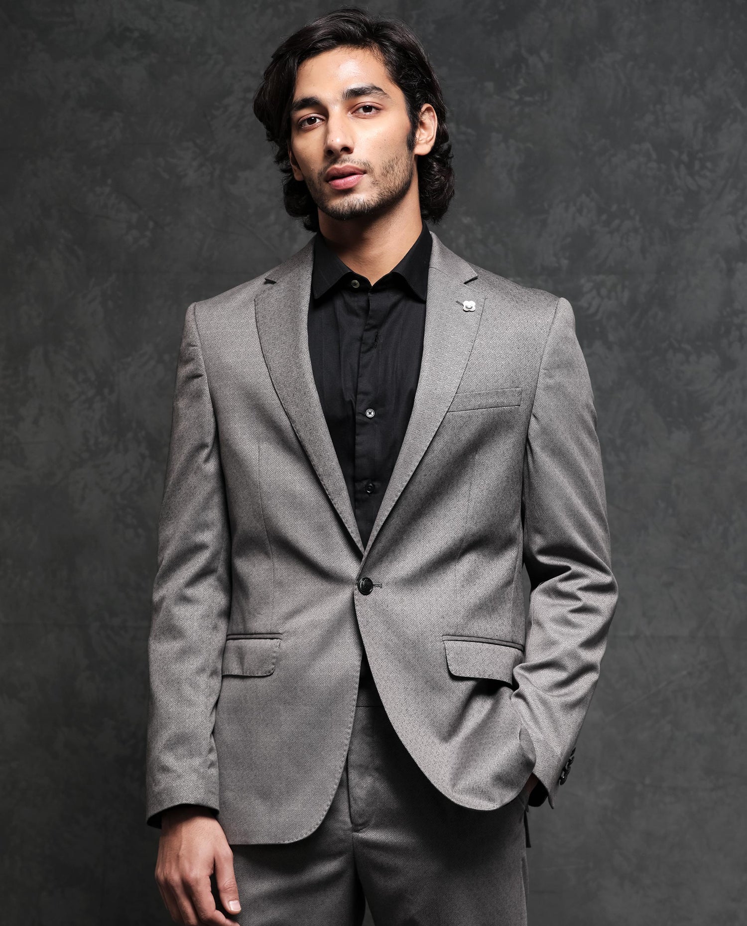 Rare Rabbit Men's Dexter Grey Polyester Viscose Fabric Notch Lapel But