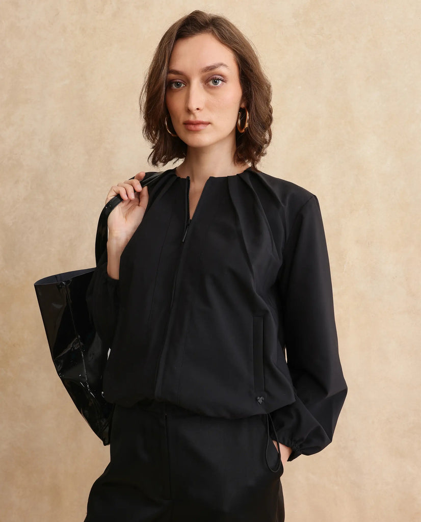 Rareism Women Dockly Black Full Sleeve Crew Neck Zipper Closure Plain