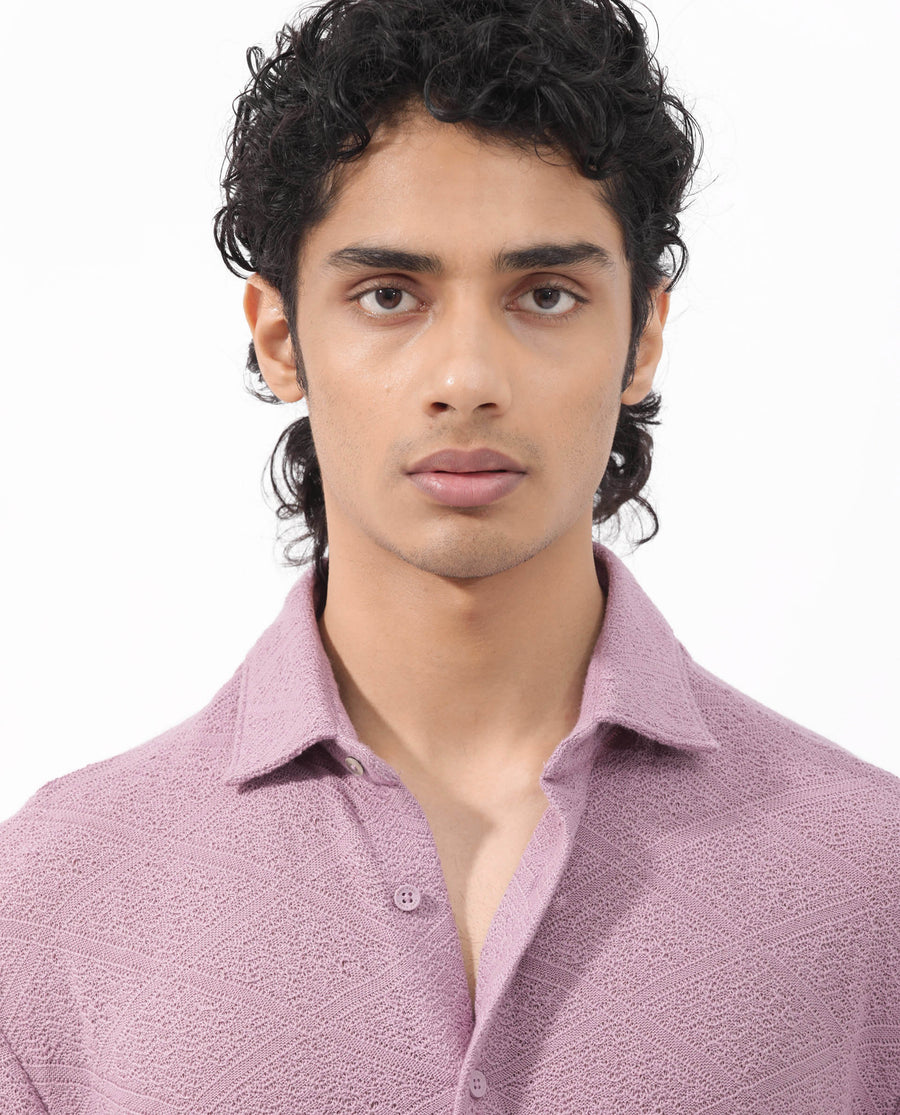 Rare Rabbit Men's Domat Dusky Purple Cotton Fabric Half Sleeve Boxy Fi