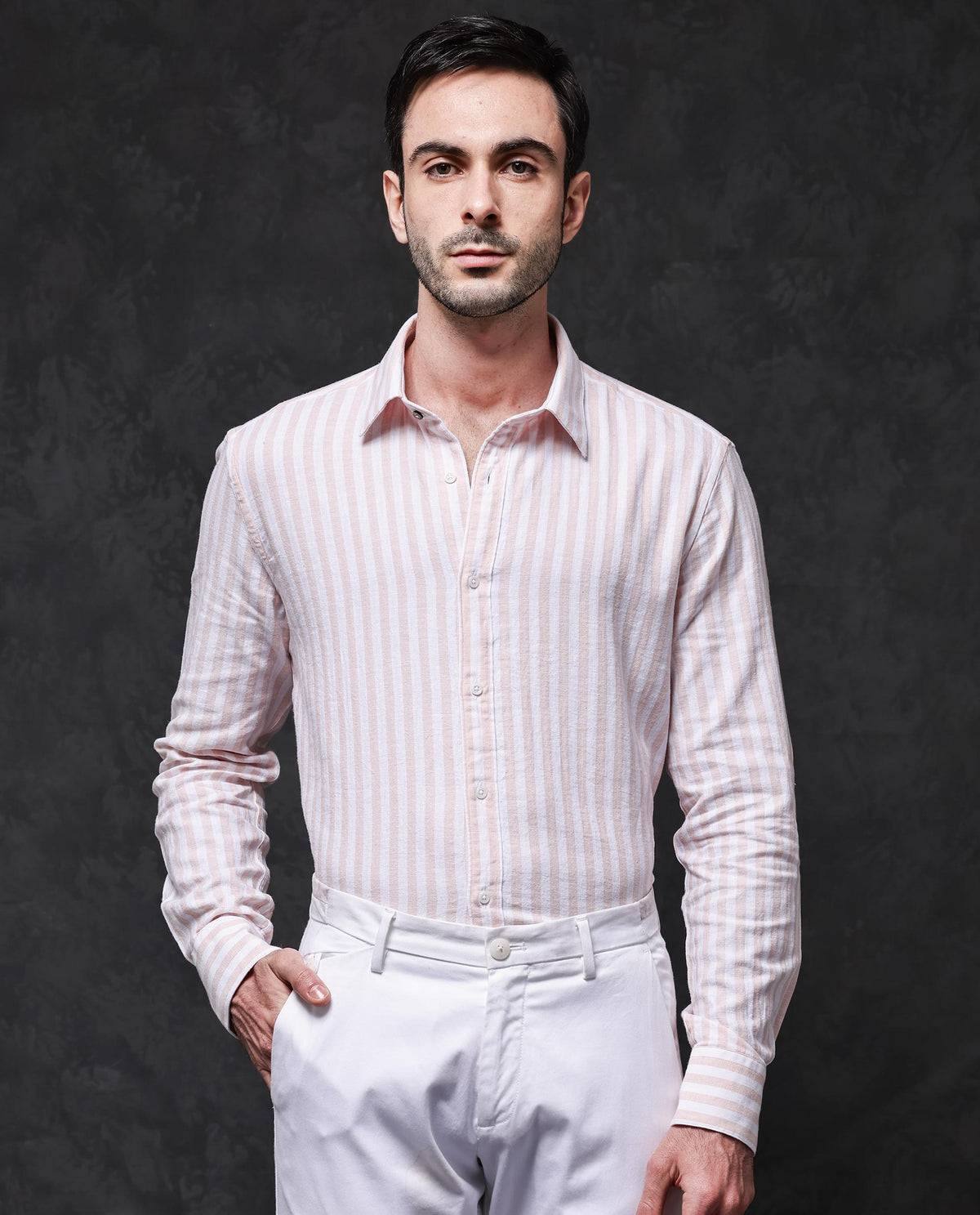 Rare Rabbit Mens Dopple Pastel Peach Full Sleeve Regular Collar Cotton