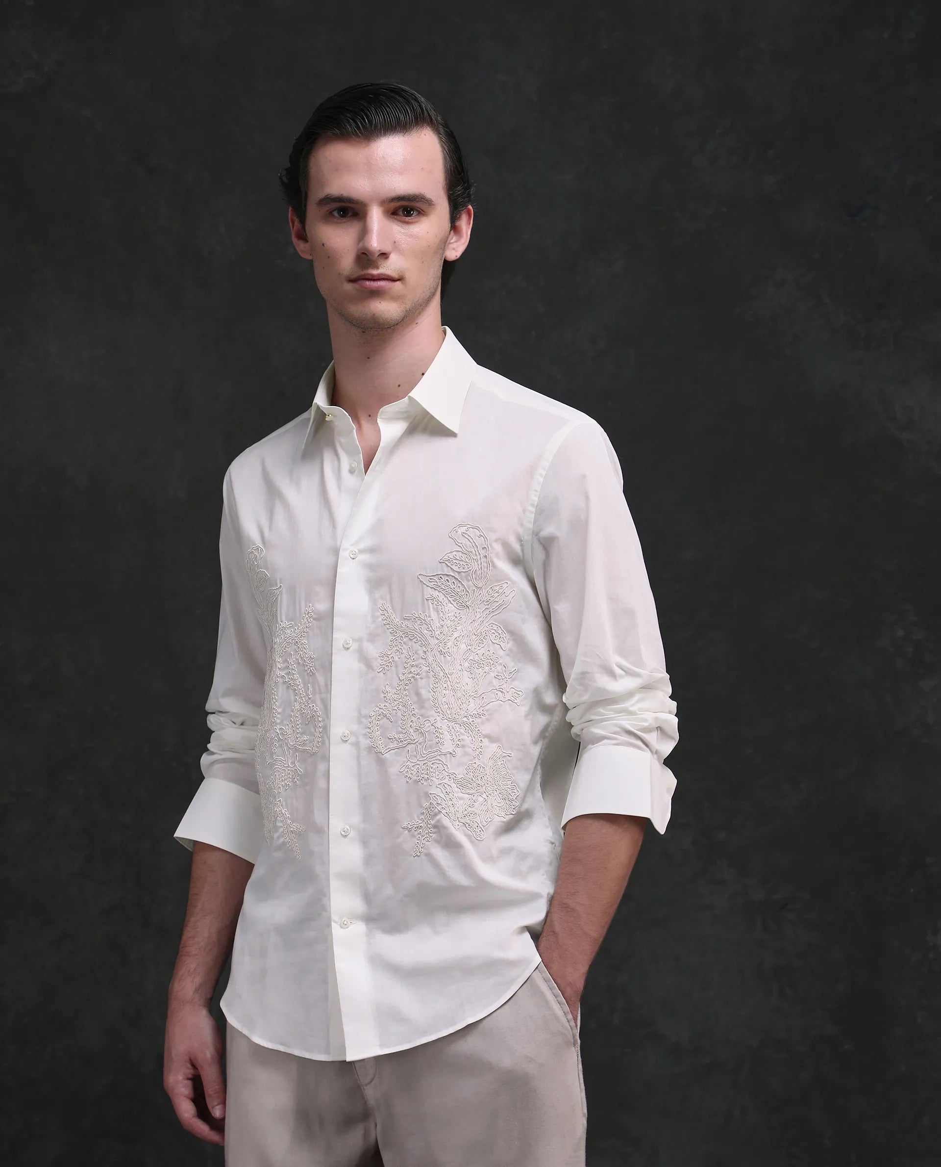 Rare Rabbit Men's Dori White Cotton Fabric Full Sleeves Collared Neck