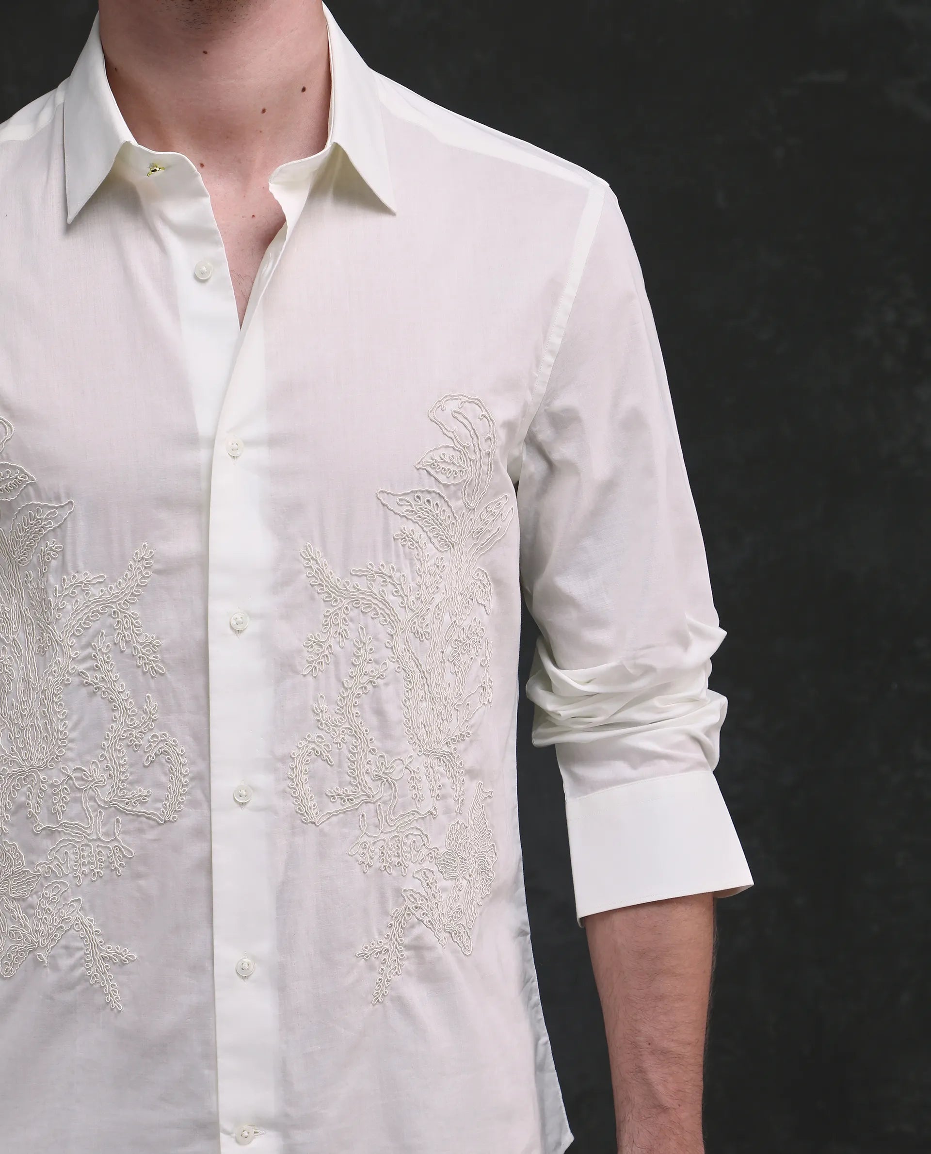 Rare Rabbit Men's Dori White Cotton Fabric Full Sleeves Collared Neck