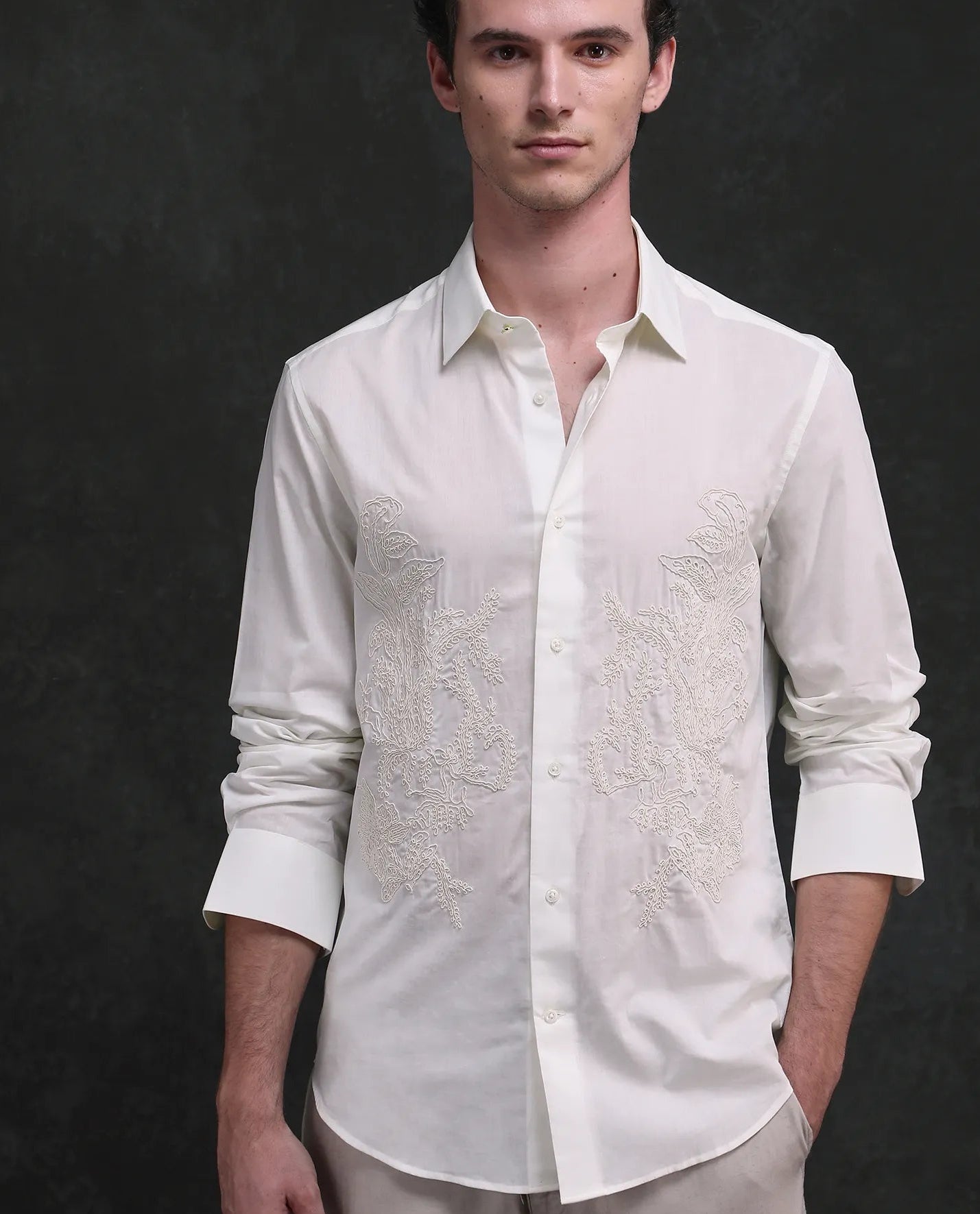 Rare Rabbit Men's Dori White Cotton Fabric Full Sleeves Collared Neck