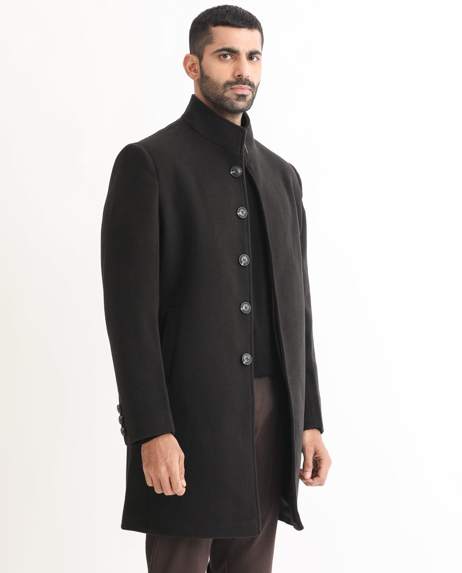Rare Rabbit Men's Dune Black Textured High Neck Long Coat