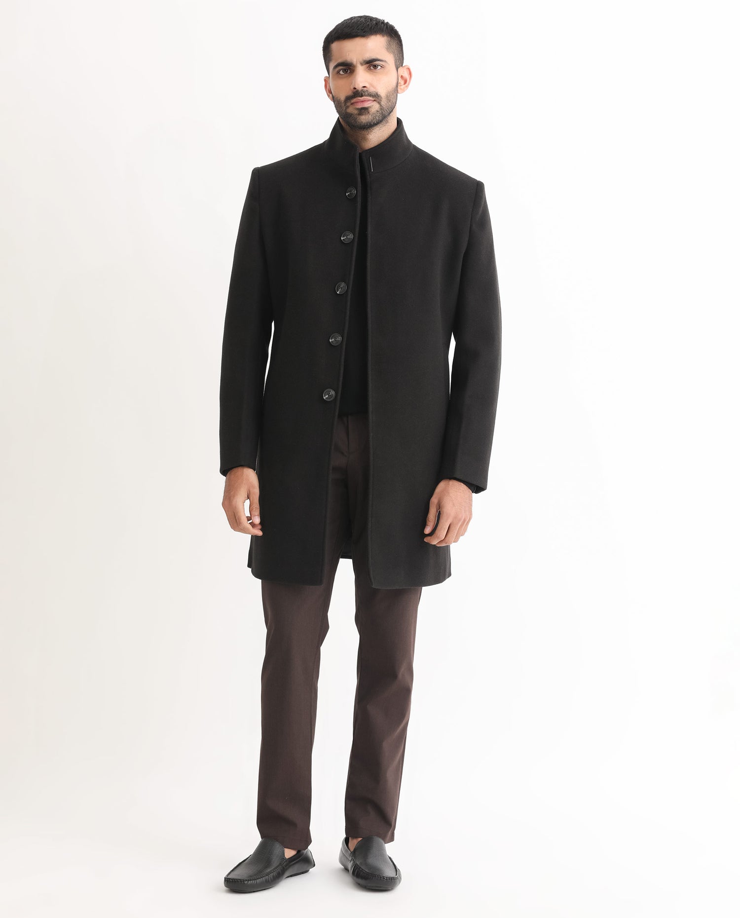 Rare Rabbit Men's Dune Black Textured High Neck Long Coat