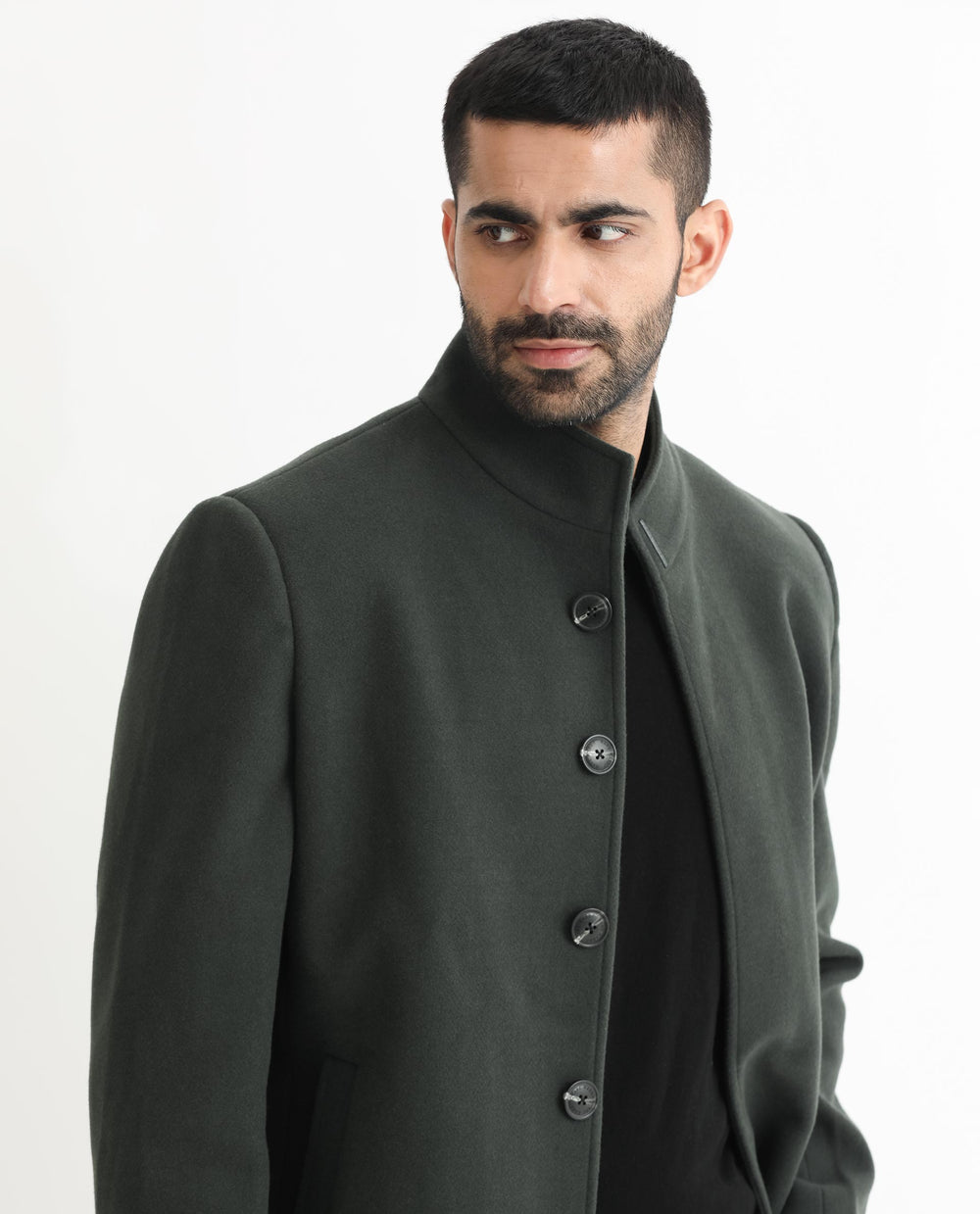 Rare Rabbit Men's Dune Green Textured High Neck Long Coat