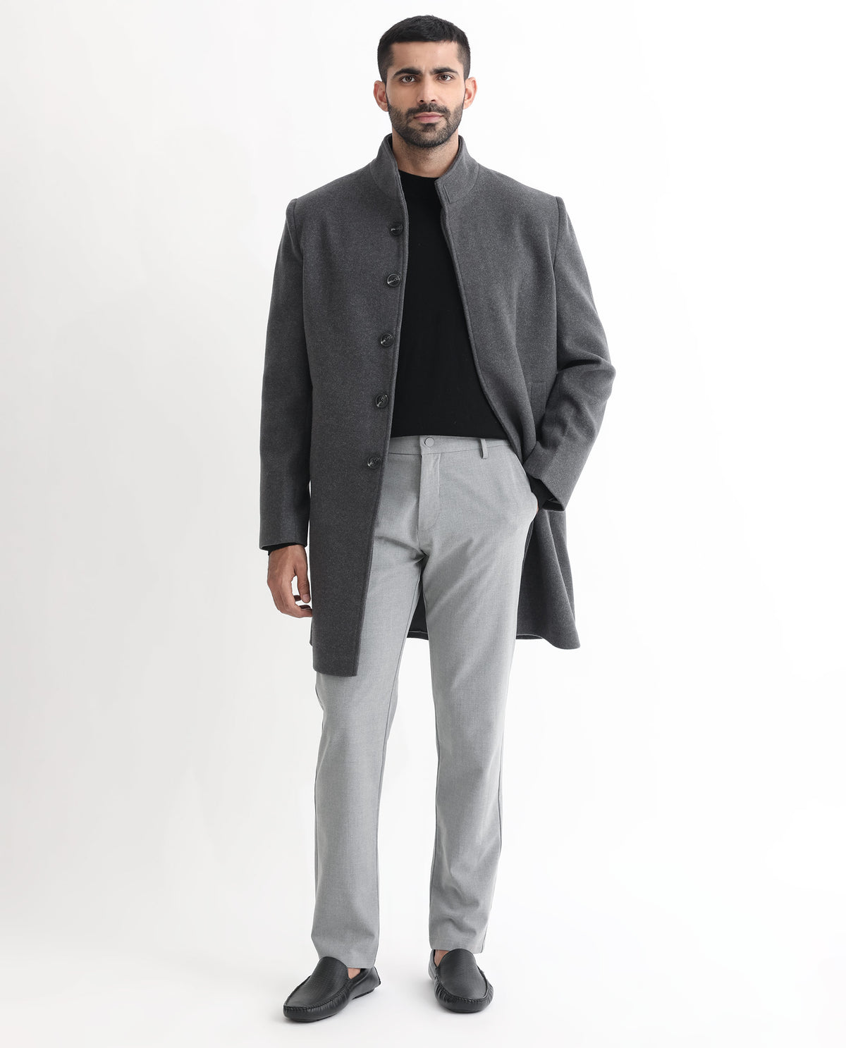 Rare Rabbit Men's Dune Grey Textured High Neck Long Coat