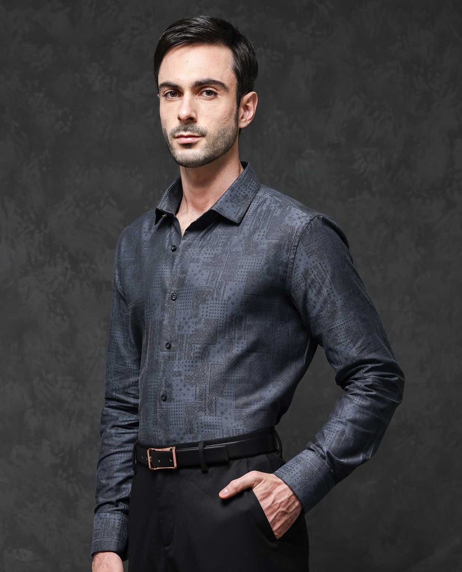 Rare Rabbit Mens Edgo Dusky Blue Cotton Fabric Full Sleeves Geometric