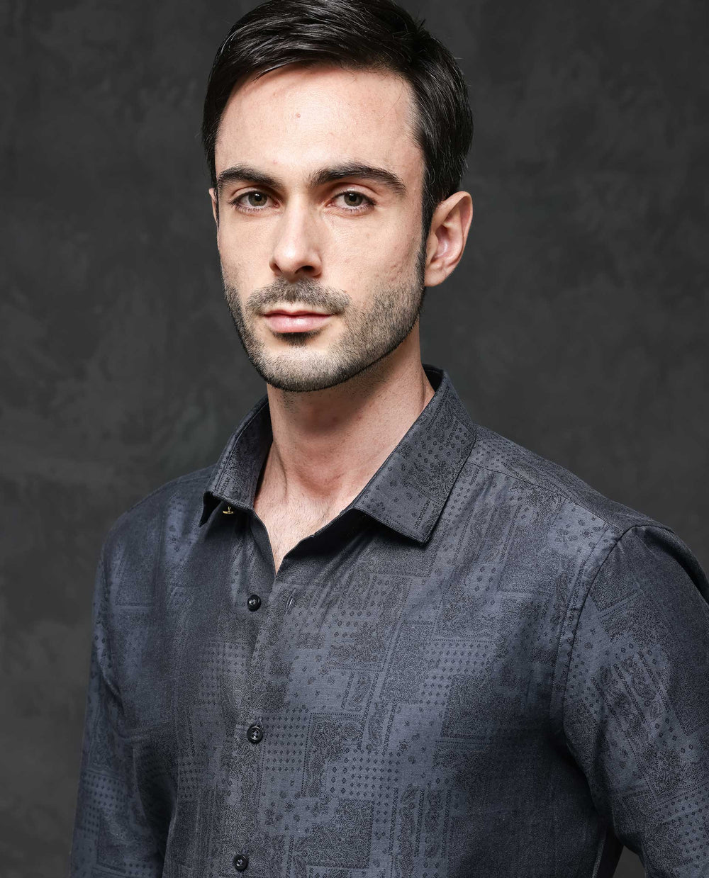 Rare Rabbit Mens Edgo Dusky Blue Cotton Fabric Full Sleeves Geometric