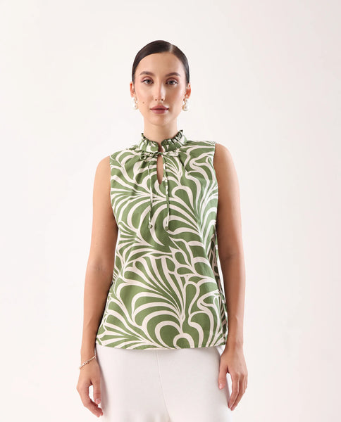 Rareism Women Elcie Olive Mandarin Collar Tie Up Closure Printed Top