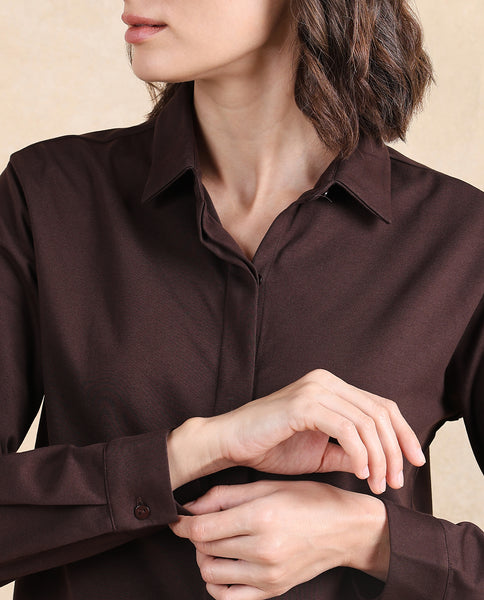 Rareism Women Ellery Brown Cotton Blend Fabric Full Sleeve Collared Ne