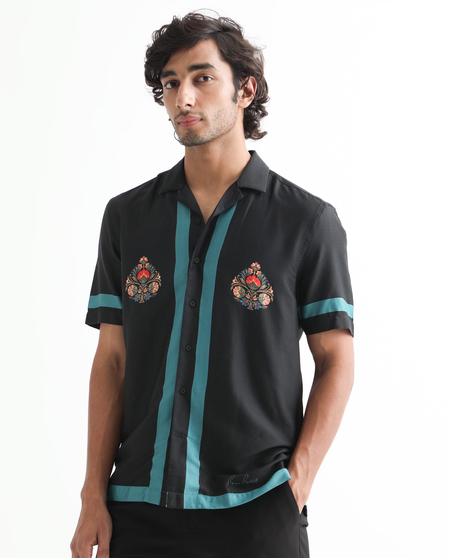 Rare Rabbit Men's Emble Black Modal Fabric Cuban Collar Floral Print H