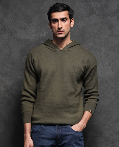 Rare Rabbit Men'S Zarr Olive Pullover Cotton Fabric Hooded Neck Full S