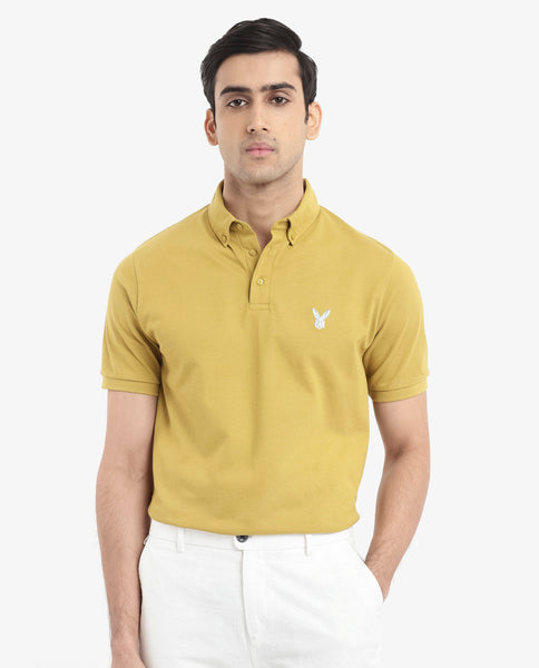 Rare Rabbit Men's Face Dusky Yellow Cotton Fabric Short Sleeves Button