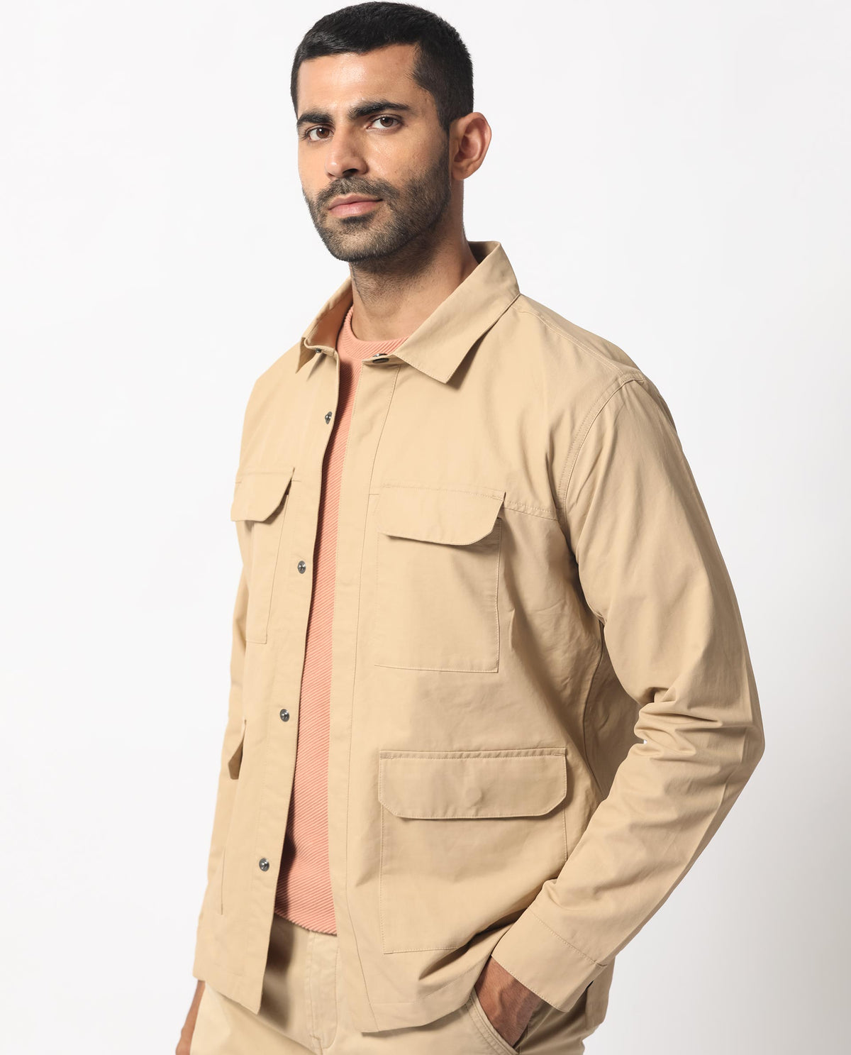 Rare Rabbit Men's Feliu Light Beige Plain Multi Pocket Utility Jacket