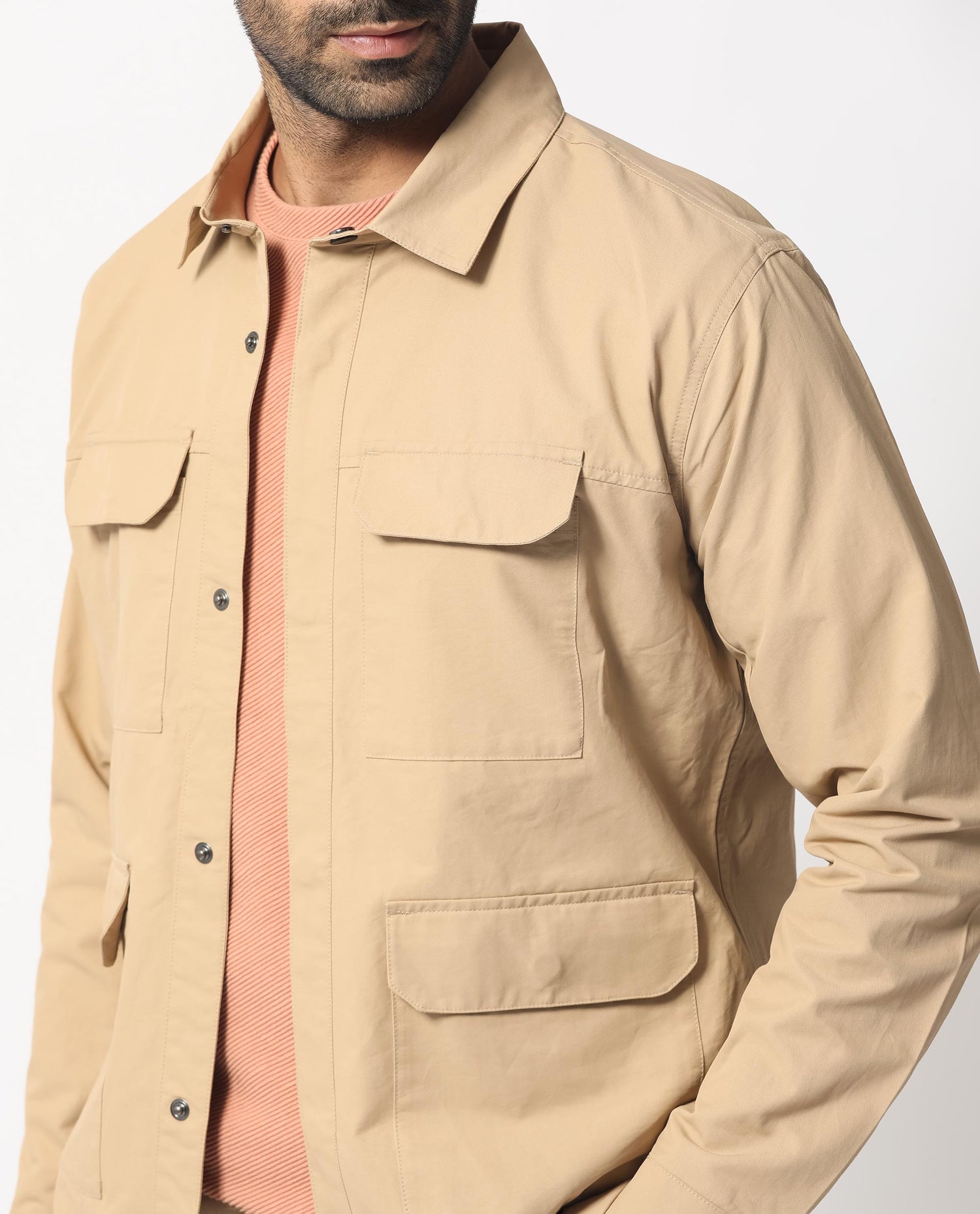 Rare Rabbit Men's Feliu Light Beige Plain Multi Pocket Utility Jacket